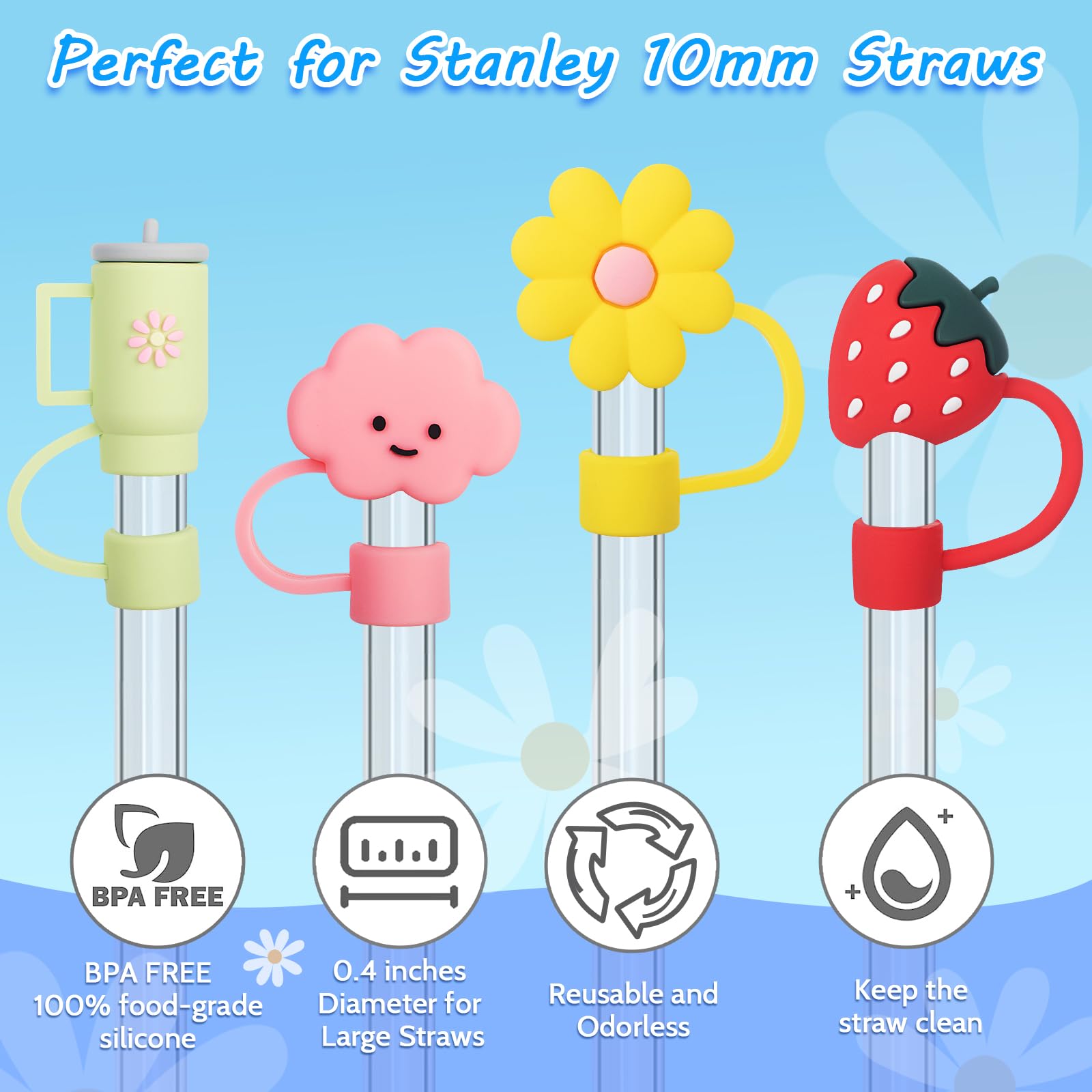 7Pcs 10mm Straw Covers Cap Toppers Compatible with Stanley 30&40 Oz Tumbler with Handle, Reusable Silicone Straw Tips Lids Protectors for Stanley Cups Straws Accessories