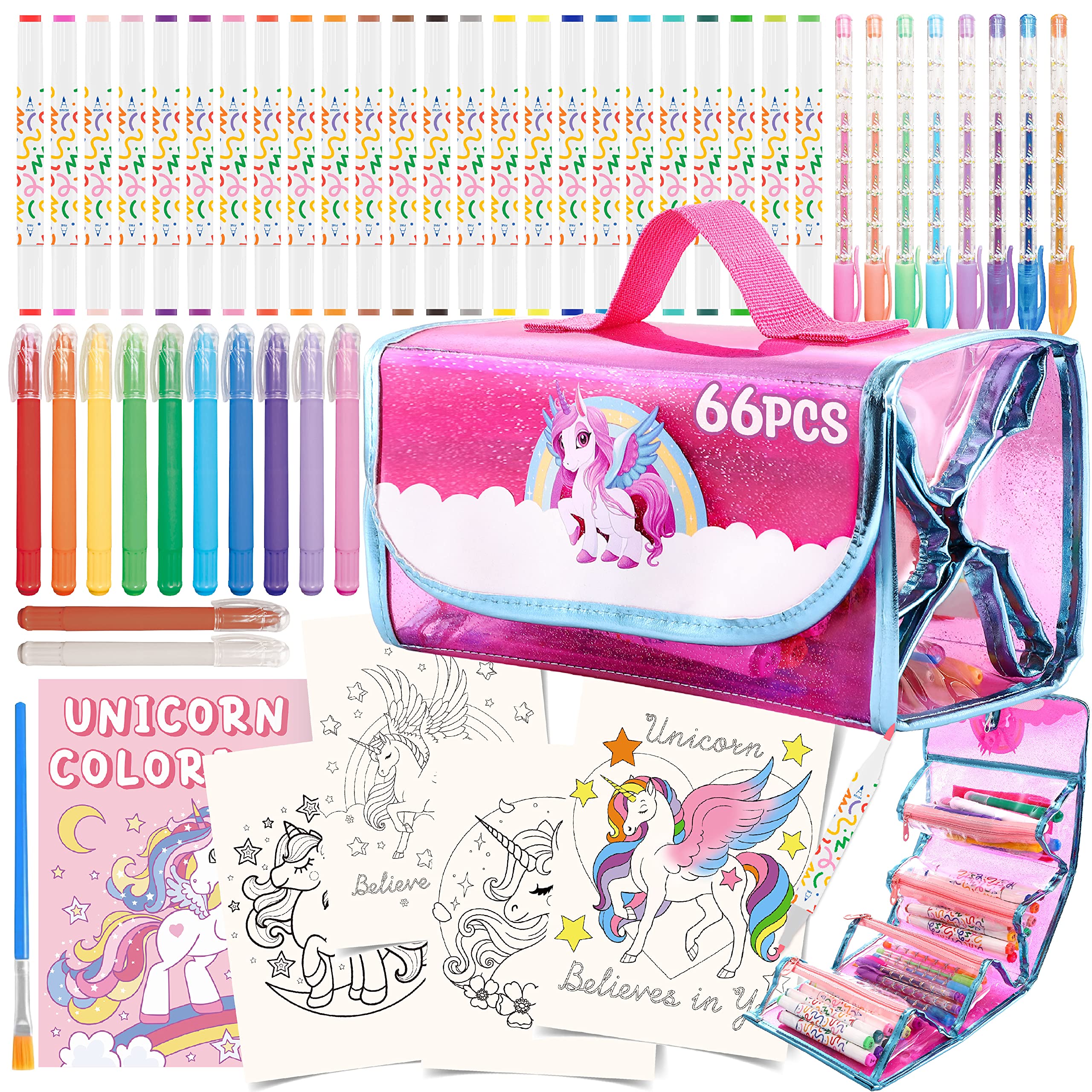 66 Pcs Washable Markers Set for Girls with Glitte Pencil Case, Birthday Gifts for Girls 4 5 6 7 8 Year Old, Coloring Set with Unicorn Coloring Pages
