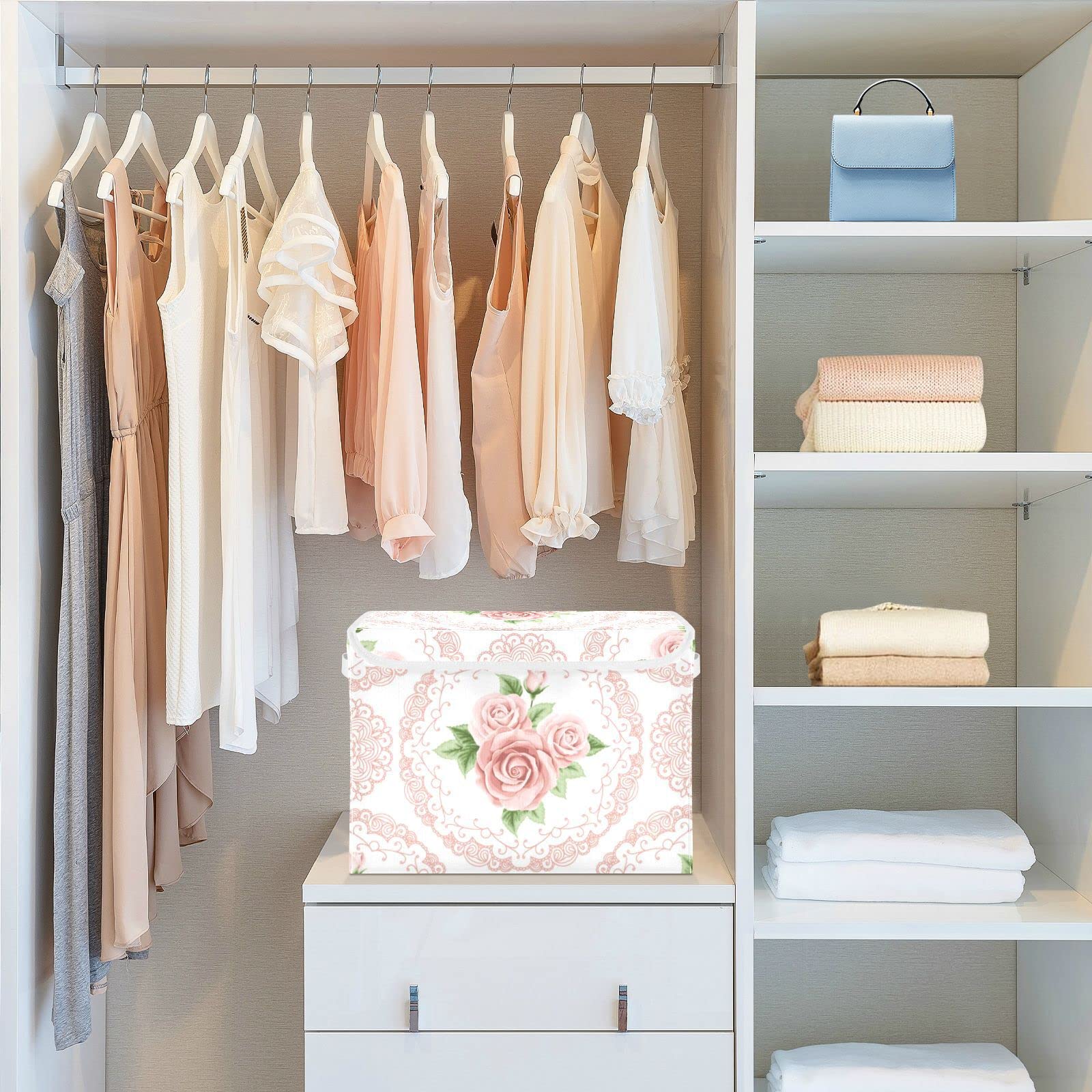 SUABO Pink Rose Storage Bin with Lid Large Oxford Cloth Storage Boxes Foldable Home Cube Baskets Closet Organizers for Nursery Bedroom Office