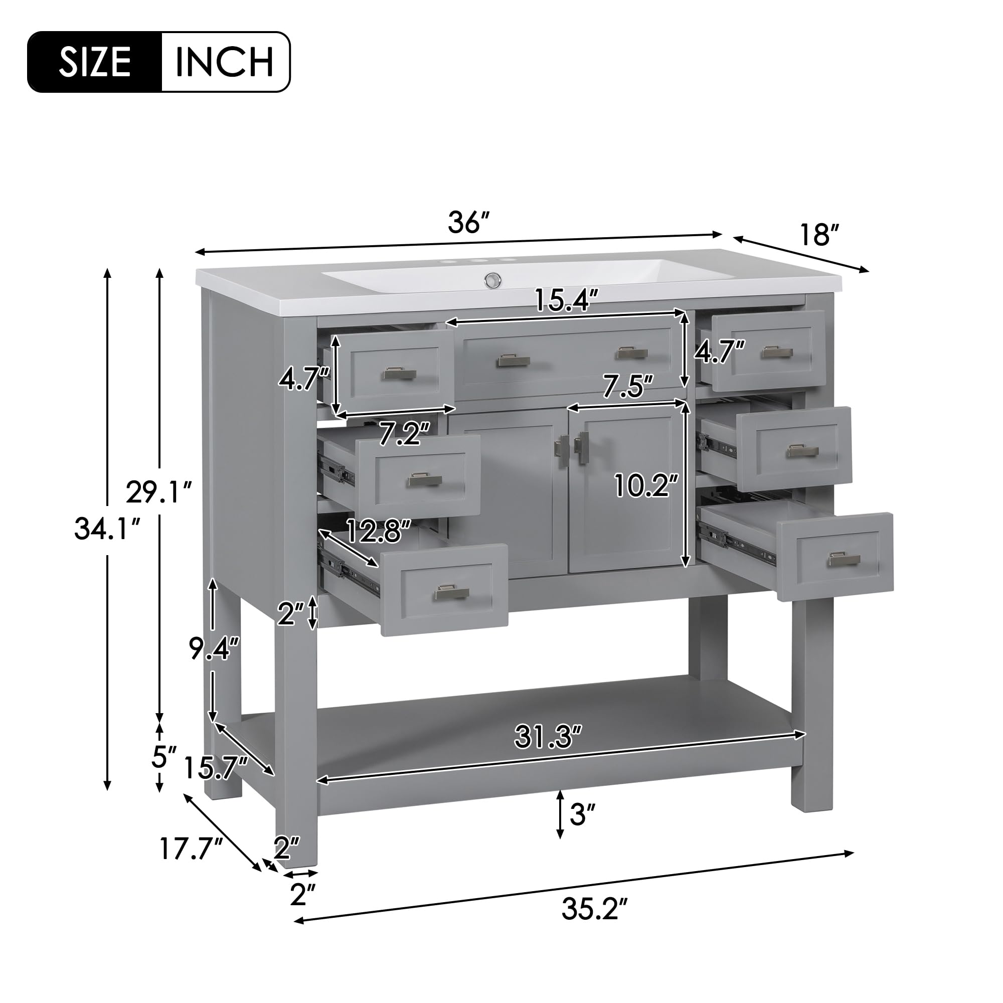 Merax 36" Bathroom Vanity with Sink Combo, Modern Wood Fixture Stand Storage Cabinet Set W/2 Soft Closing Doors and 6 Drawers, Grey