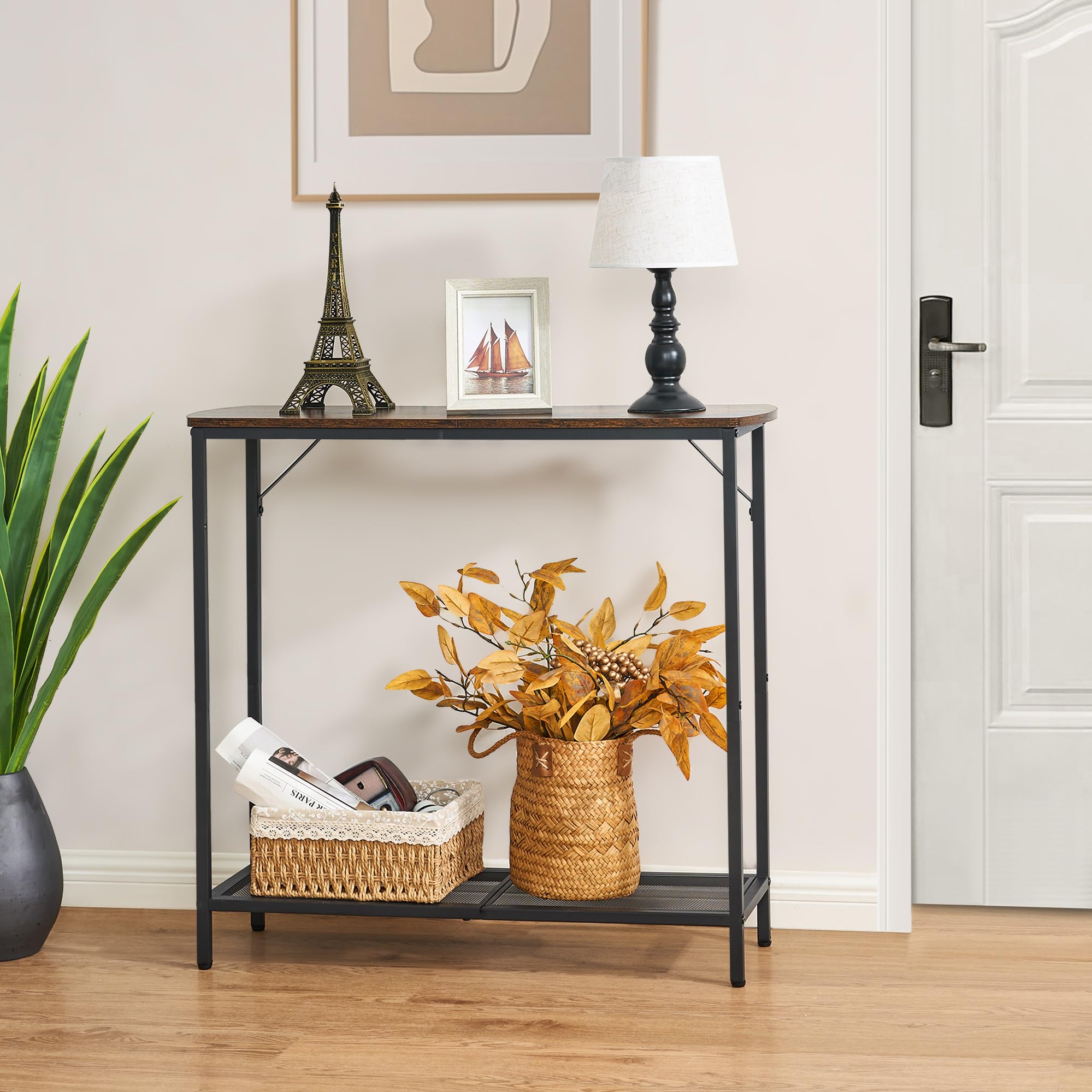 HOMCENES Console Table, Narrow 2-Tier Entryway Table with Storage Shelf, 29.5" Thin Sofa Table, Side Table, Industrial Couch Table, for Hallway, Living Room, Bedroom, Rustic Brown UFG02XG01