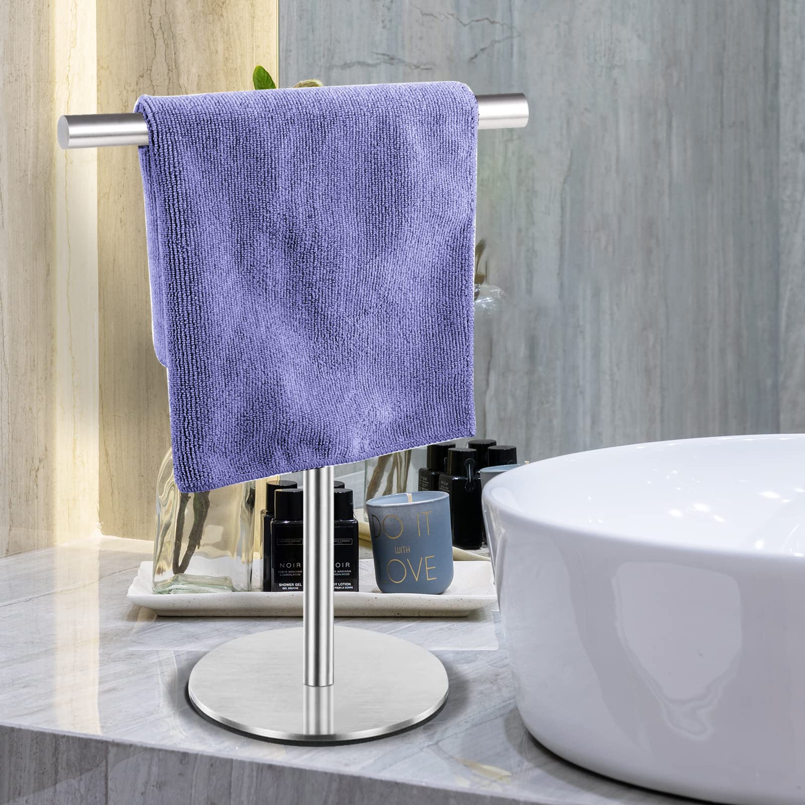 T-Shape Hand Towel Holder - Standing Hand Towel Rack for Bathroom or Kitchen Countertops, with SUS304 Stainless Steel Brushed Finish, Minimalist Style