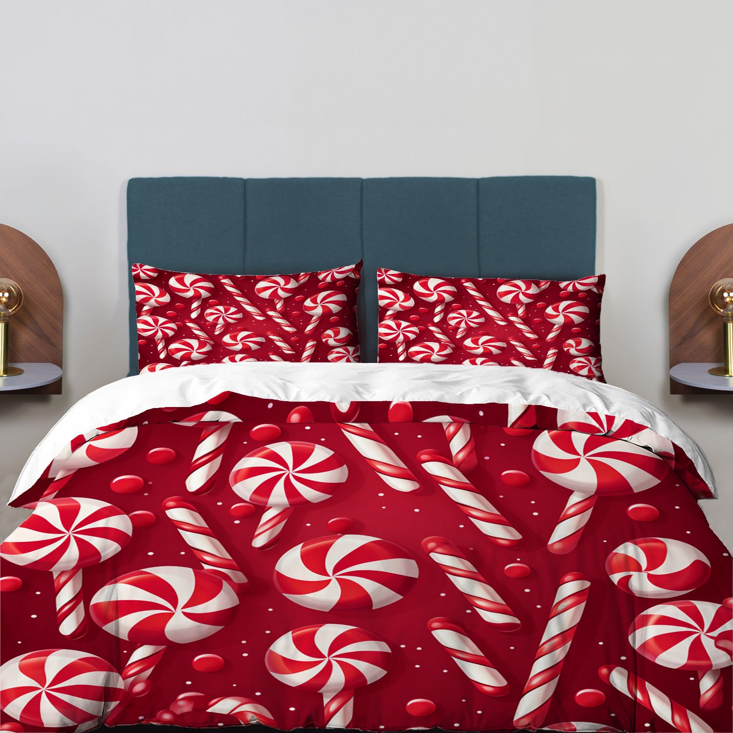 BaoNews Candy Cane Candle Duvet Cover Set Full Size,3 Pieces Winter Red Christmas Candy Bedding Set Hotel Quality 100% Cotton Comforter Cover Set with 2 Pillowcases(No Filler)