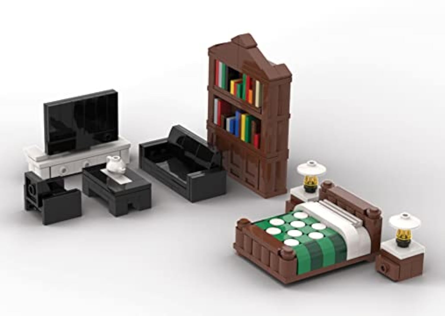 Brick Loot Toy Building Blocks Furniture Minifigure City Set Kit, For Adults & Kids Age 6+, 100% Compatible with Lego & Major Brands, Includes Bookcase, TV, Bed, Couch, Chair, Coffee Table, 236 Pieces