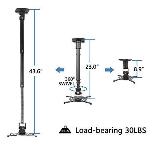 DYNAVISTA Full Motion Universal Ceiling Projector Mount Bracket with Adjustable Height and Extendable Arms Rotating Swivel Mount for Home and Office Projector (Black)