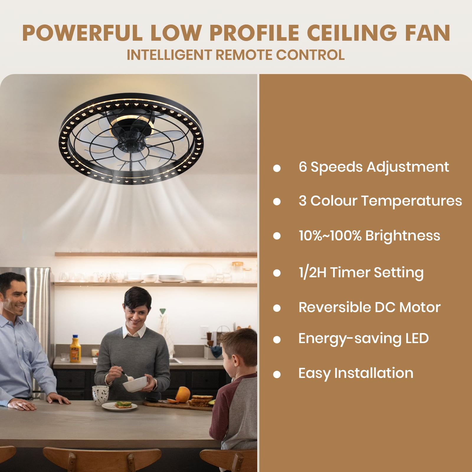 7PM Caged Low Profile Ceiling Fans with Lights and Remote, 19" Smart Flush Mount Ceiling Fan Light Kit for Bedroom, Kitchen Dining Room- Black