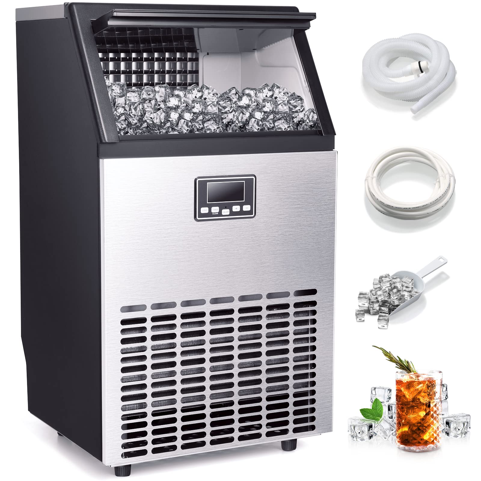 ZAFRO Commercial Ice Maker, 100lbs/24H Ice Machine with 33lbs Ice Bin, Self-Cleaning Under Counter Stainless Steel Freestanding Ice Maker for Restaurant/Bar/Cafe/Office Silver, Includes Scoop