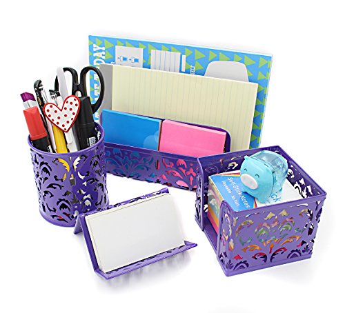 EasyPAG 5-Piece Desk Organizer and Accessories Set -Pencil Holder, Letter Sorter, File Holder,Business Card Holder and Sticky Note Holder,Purple