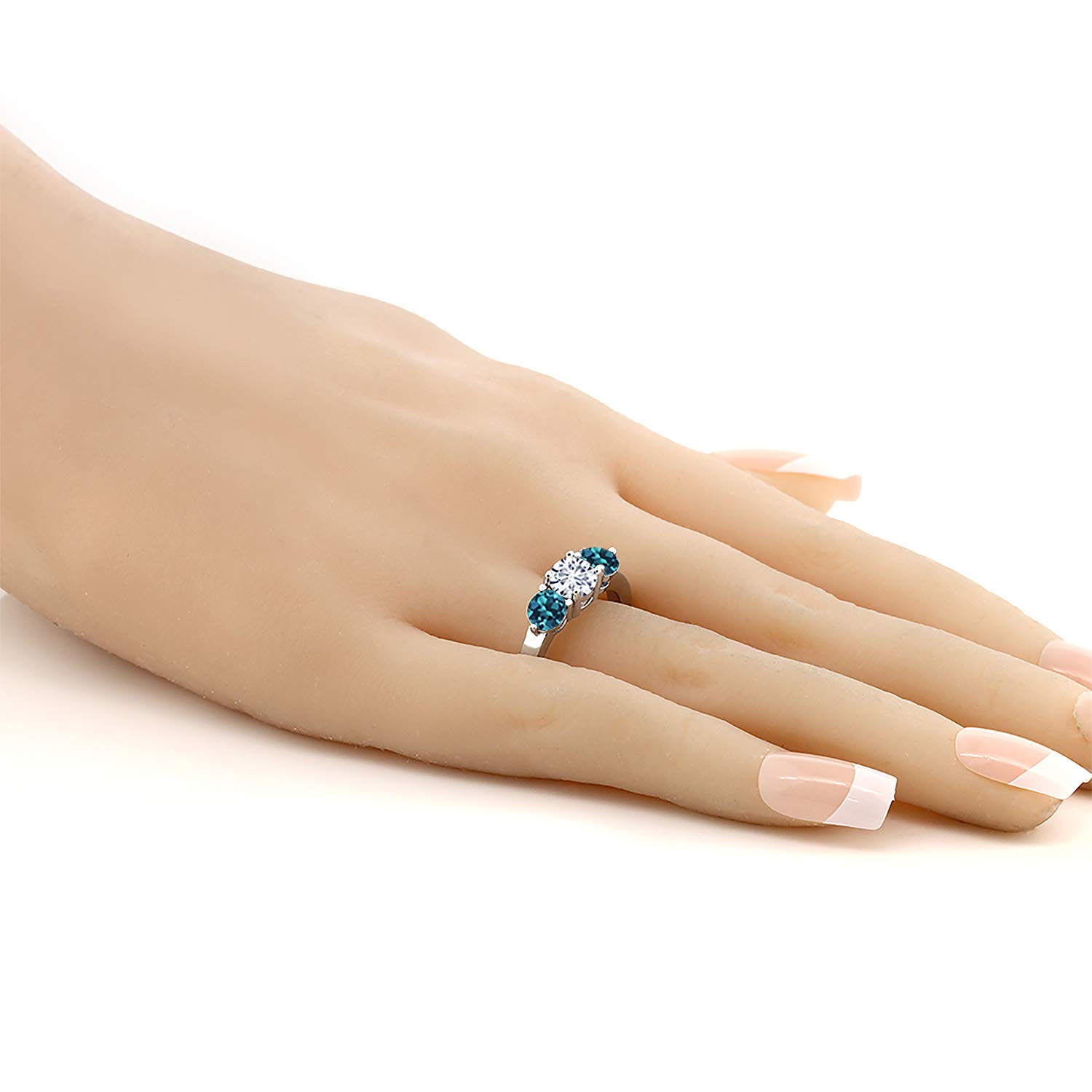 925 Sterling Silver Forever Classic Moissanite by Charles & Colvard and London Blue Topaz 3-Stone Women Ring (2.20 Cttw, Available in Size 5,6,7,8,9)