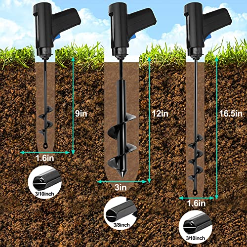 Auger Drill Bit for Planting Garden Auger Spiral Drill Bit Post Hole Digger Bulb Planter Tool 1.6"X9" 3"X12" and 1.6"X16" for Bulb Planting, Hole Digger, Tulip Bulbs and Umbrella Holes
