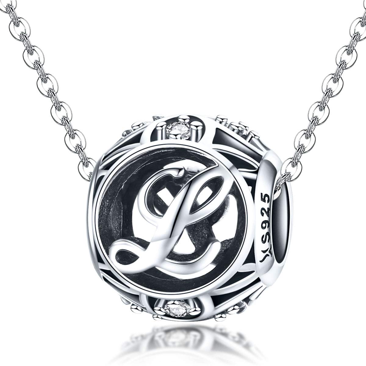 925 Sterling Silver with Cubic Stones, Complete A~Z Gift Options Alphabet Charm Letter Beads fit Pandora European Bracelets (Letter L)