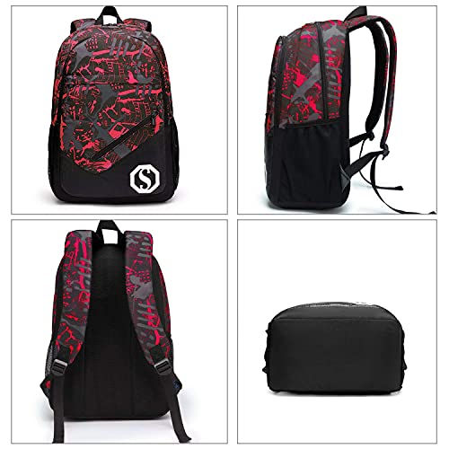 CAMTOP School Backpack Boys Kids School Bookbag Set Student Backpack with Lunch Box and Pencil Case (Graffiti - Red)