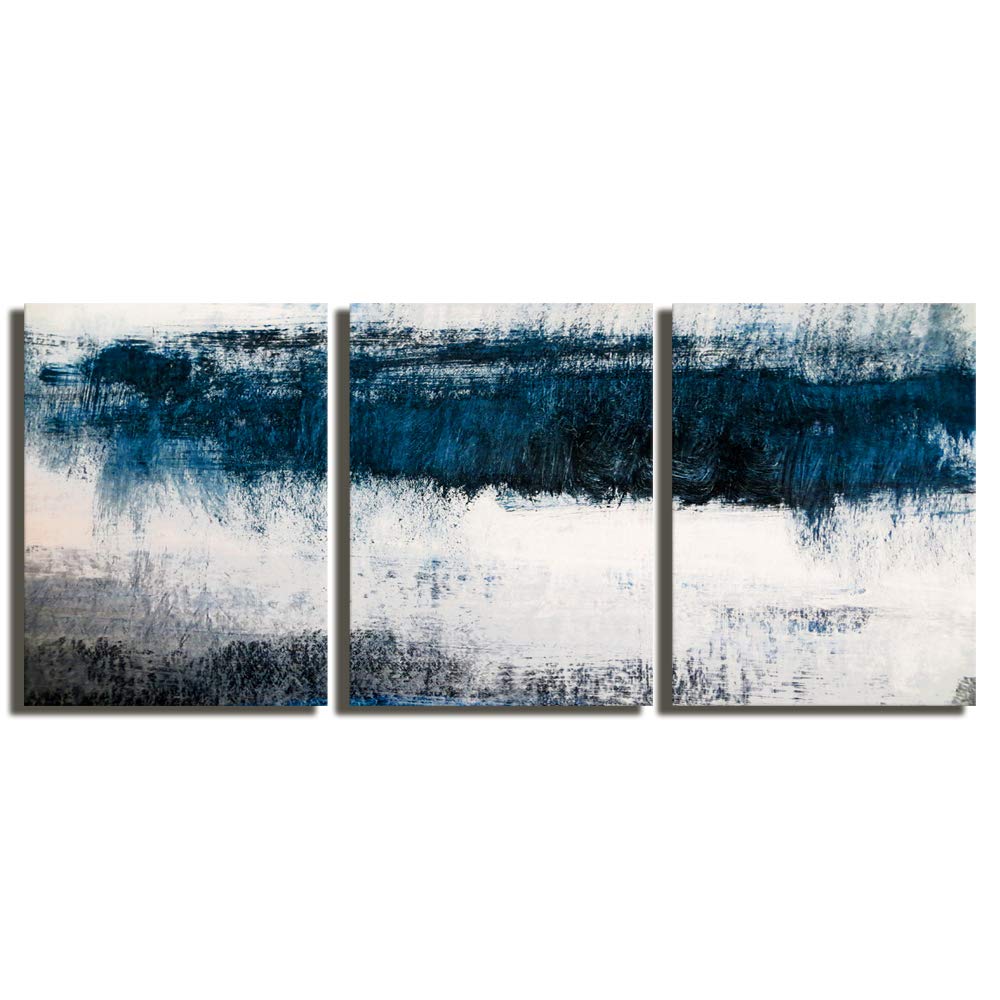 Abstract Canvas Wall Art Prints Painting Navy Blue Tones Modern Creative Artwork 3 Panels/Set Framed Bathroom Pictures Ready to Hang for Living Room Bedroom Office Kitchen Decorations 12"x16"x3…