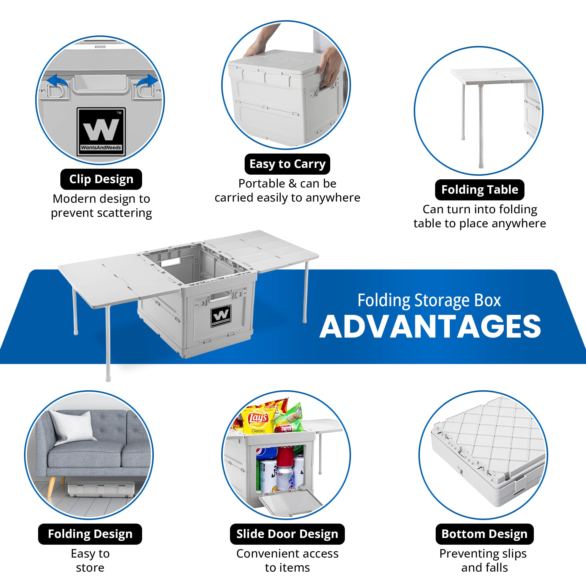 W WANTSANDNEEDS Folding Storage Bin β Collapsible Foldable Storage Bin with Folding Table β Storage Bin for Outdoor Activities, Football Tailgating, Hunting, Camping