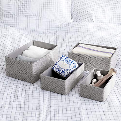 LA JOLIE MUSE Storage Baskets Set 4 - Stackable Woven Basket Paper Rope Bin, Storage Boxes for Makeup Closet Bathroom Bedroom (Gray)