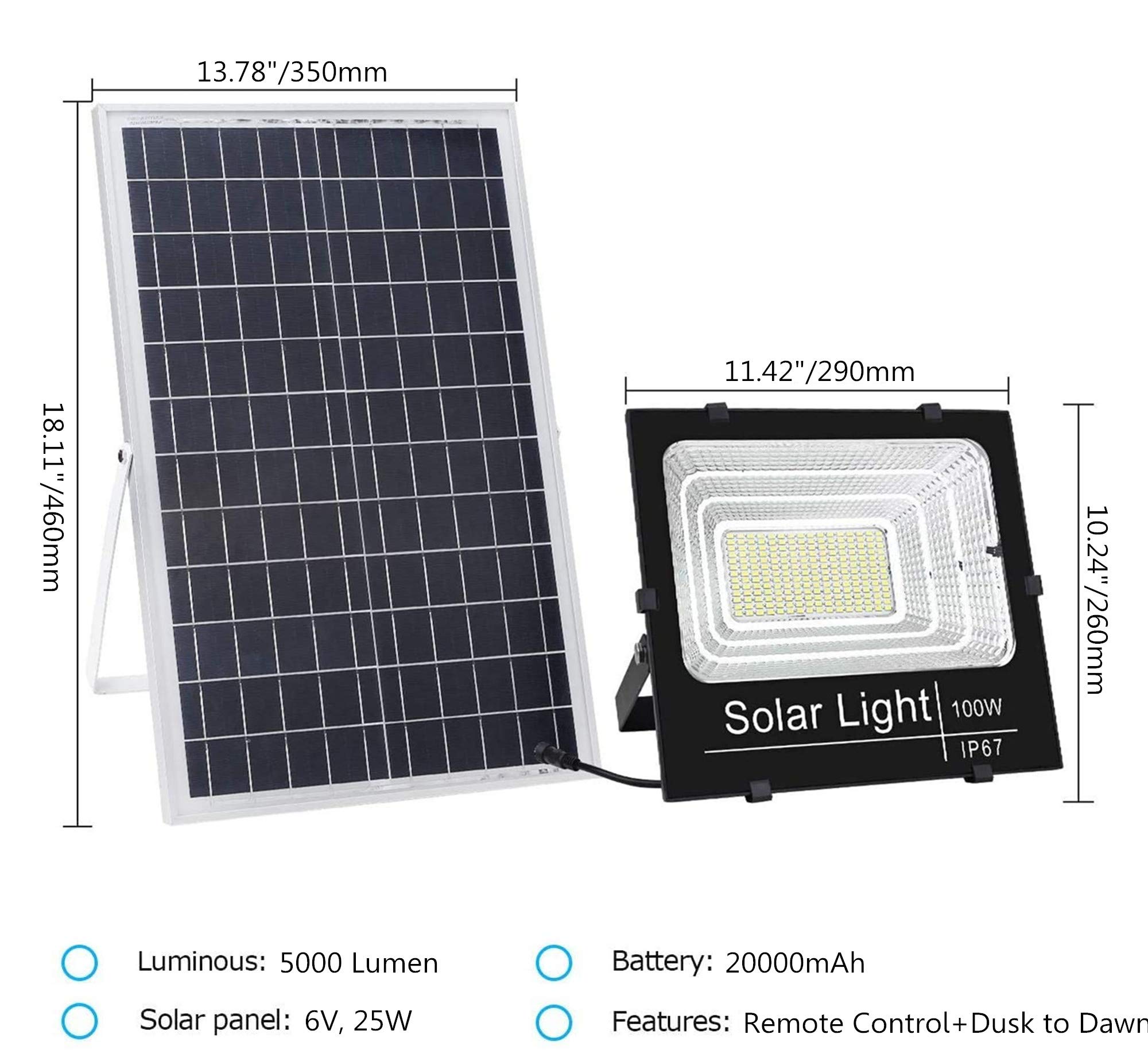 BRILLIHOOD LED Solar Flood Light, 100W, 5000 LM, 6500K, Outdoor Dusk to Dawn Security Light IP67 Waterproof Street Light with Remote Control for Lawn, Yard, Garden, Gutter, Swimming Pool, Pathway