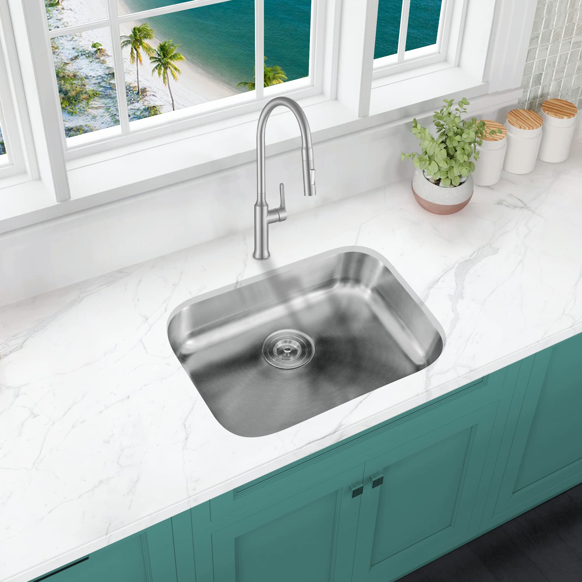 KBFmore 23 Inch Single Bowl ADA Compliant Stainless Steel Kitchen Sink, Rust Resistant Sound and Heatproof Shallow Drain 18 Gauge Undermount Sink with Sink Strainer and Removable Garbage Basket