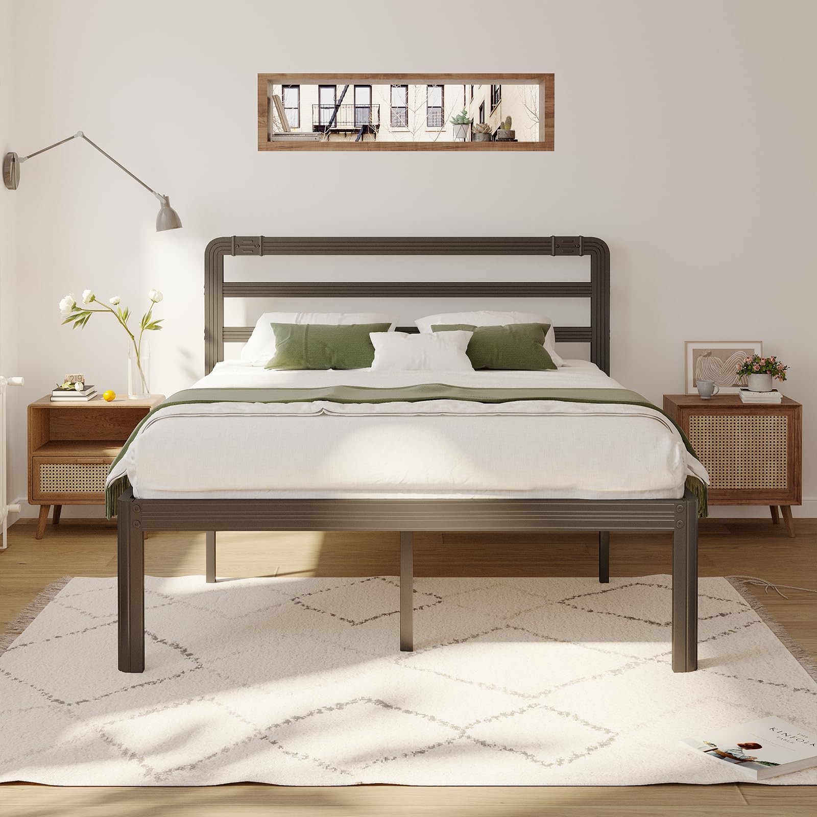 Askeld Queen Bed Frame with Headboard,18 Inch High Queen Size Bed Frame, Sturdy Noise-Free Metal Frame with Heavy Duty Slats, 4500 Lbs Weight Support for Mattress, No Box Spring Needed, Black