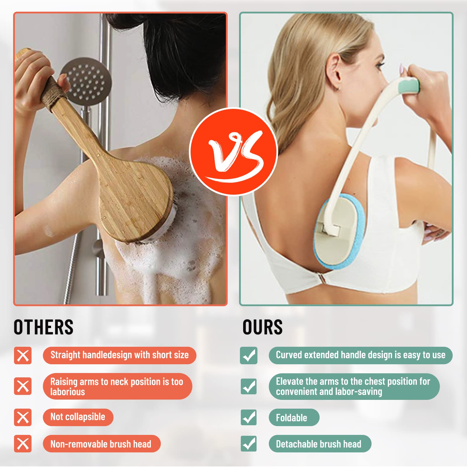 Back Scrubber for Shower, 29.5 in Bath Brushes Long Handles for Elderly, Detachable Curved Back Scrubber, Back Brush for Disabled with Limited Arm Movement, Frozen Shoulder, Men and Women