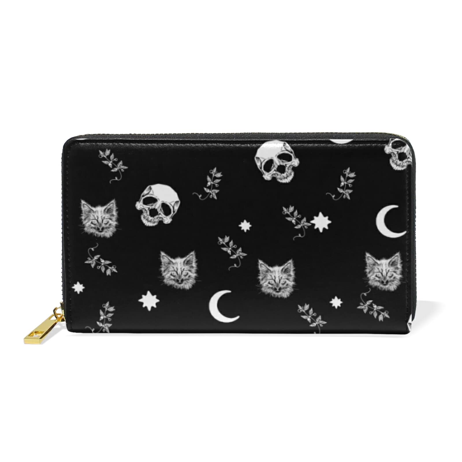 CHPGPUG Women's Skull Cat Moon Long Wallet,Zippered Coin Purse,PU Leather Clutch Wallet