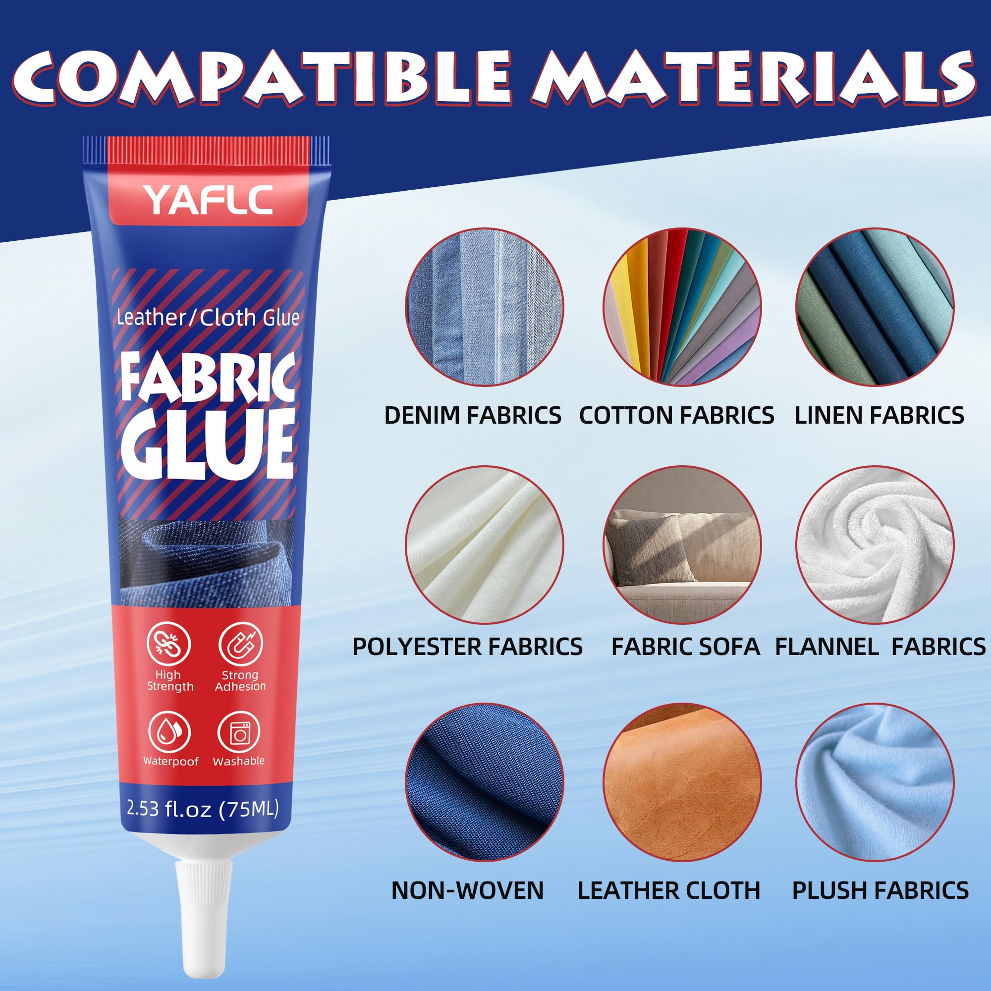 YAFLC Fabric Glue Permanent 75 ml, Fabric Glue for Patch, Clear Fabric Glue for Clothing Permanent Washable, Leather Glue for All Fabrics, Cotton, Denim, Flannel, Polyester
