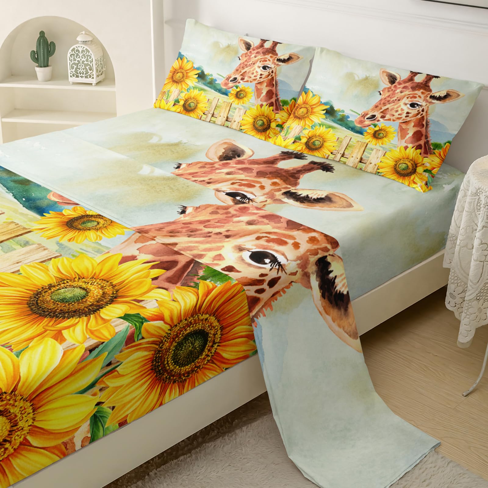 QOOMO Giraffe Bedding for Boys and Girls Sunflower Silky Soft Microfiber Bed Sheets Grassland Super Soft Kids Bedding Set Queen Size 1 Fitted Sheet, 1 Flat Sheet 2 Pillow Cases Room Decoration
