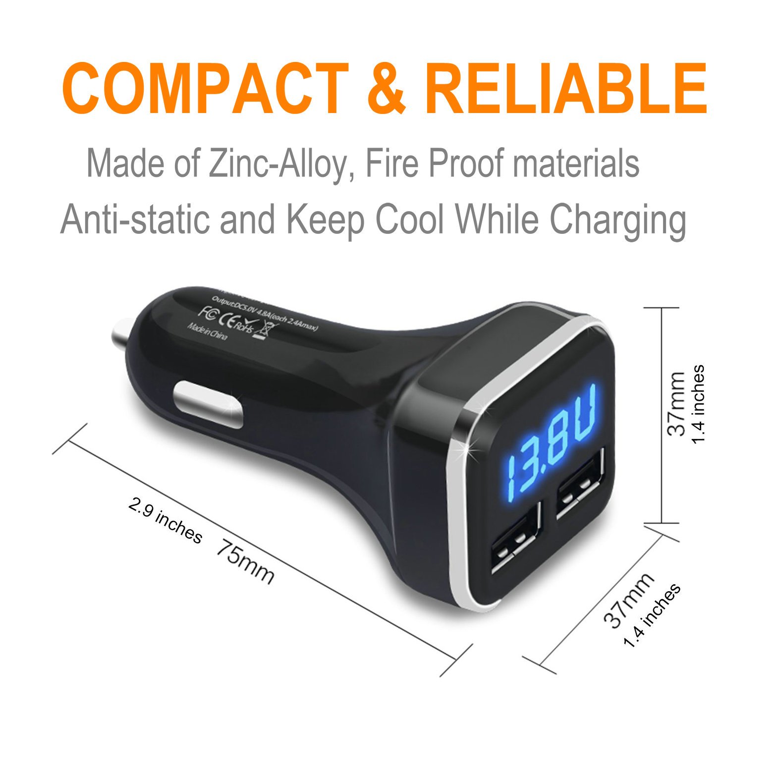 Jebsens 4.8A 24W Dual USB Car Charger Volt Meter Car Battery Monitor with LED Voltage & Amps Display, Cigarette Lighter Adapter, USB Cigarette Lighter Adapter, Compatible for iPhone 15/15 Pro Max