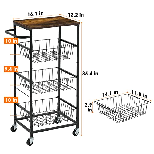 LEGUANG Kitchen Storage Rolling Cart on Wheels, 4 Tier Metal Rolling Utility Carts Microwave Rack with Wooden Tabletop for Kitchen Island, Bathroom, Living Room(Black)