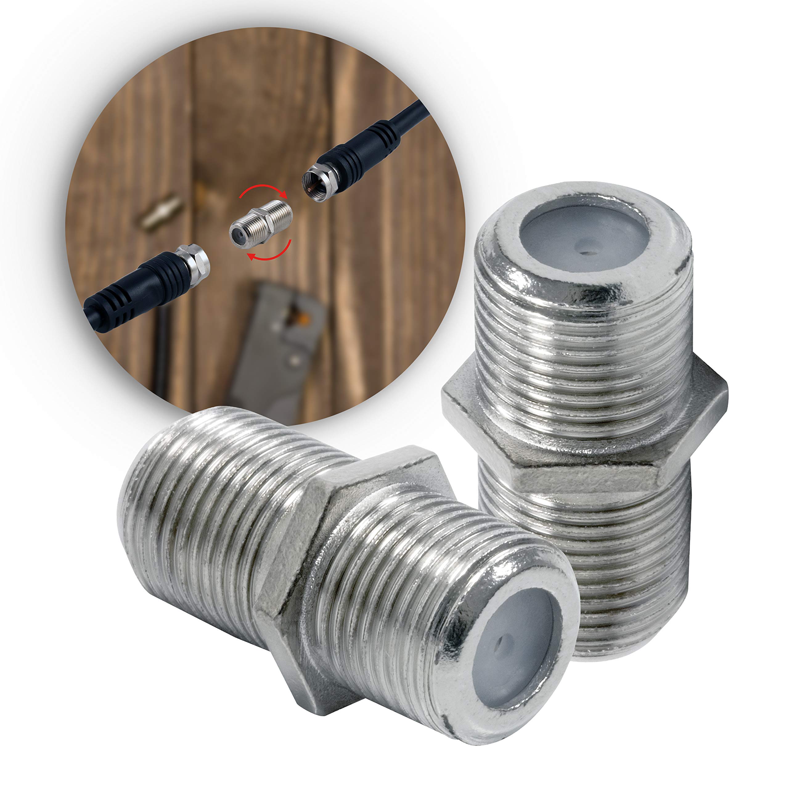 GE Coaxial Cable Extension Adapter Couplers, 2-Pack, Works on F-Type RG59 RG6 Coax Cables, Connects Two Coaxial Cables to Extend Length, Female-to-Female Connectors, 23203