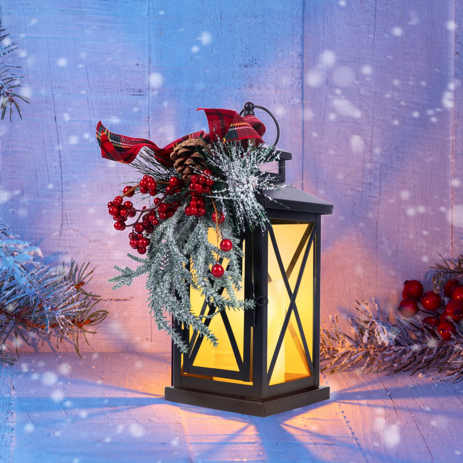 Christmas Candle Lantern 14Inch, Christmas Lanterns Garden Flashing Candle Light, Decorative Hanging Lantern for Indoor Home Tables and Fireplaces Outdoor Patios