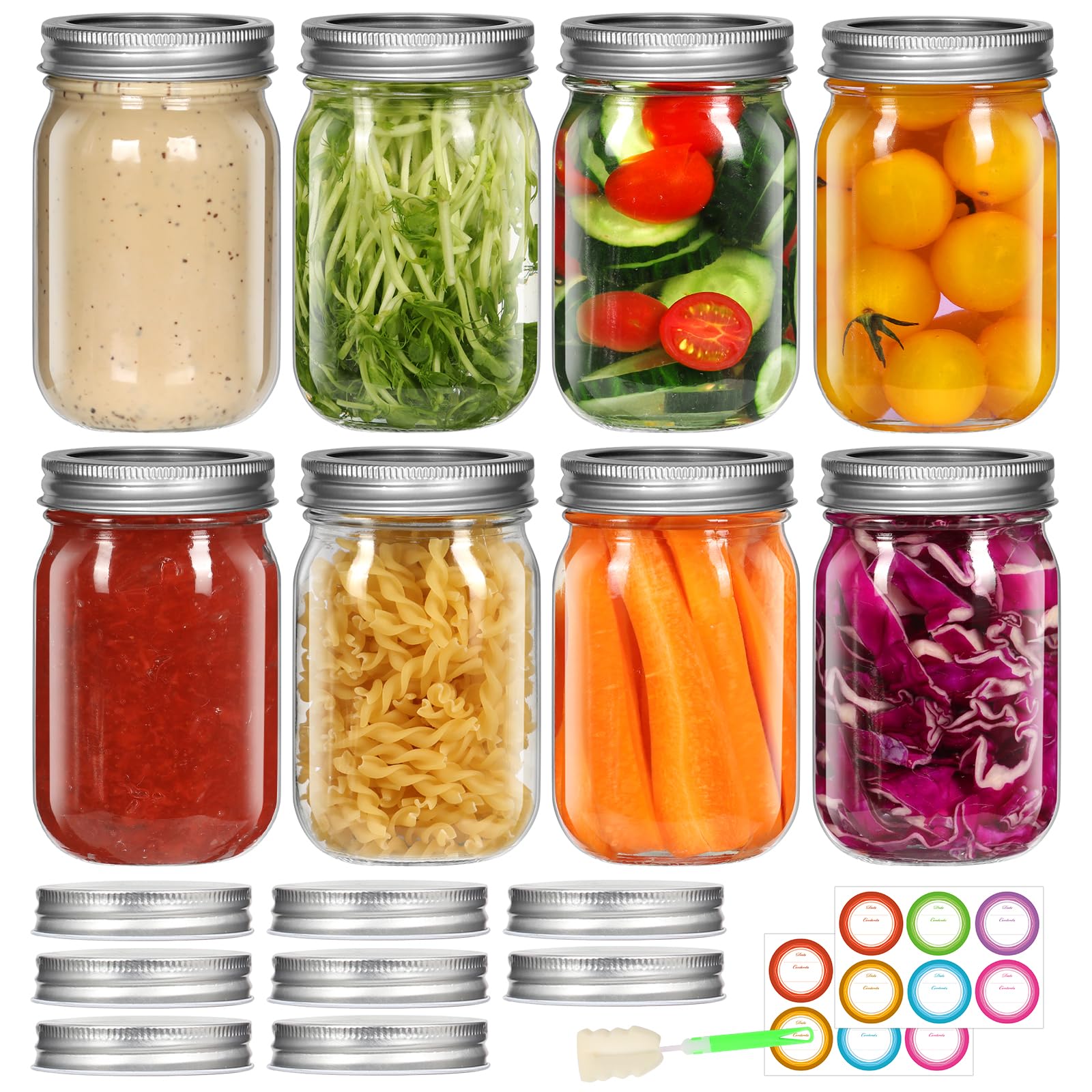 Homerove 12 oz Glass Regular Mouth Mason Jar with Airtight Lid, 8 Pack Canning Jars, 8 Split-Type Lids&8 Single Lids Included, Clear Glass Jars for Canning, Meal Prep, Candies, DIY Projects
