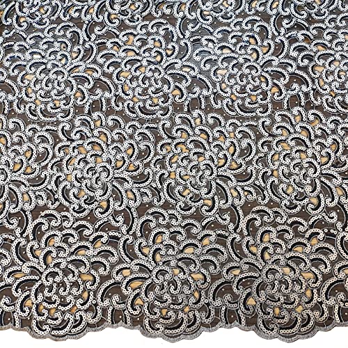 Bestway Lace Sequins African Net Lace Fabric French Floral Embroidered Fabric Rhinestones Nigerian Wedding Asoebi Dress Material 5 Yards (Ashy Grey)