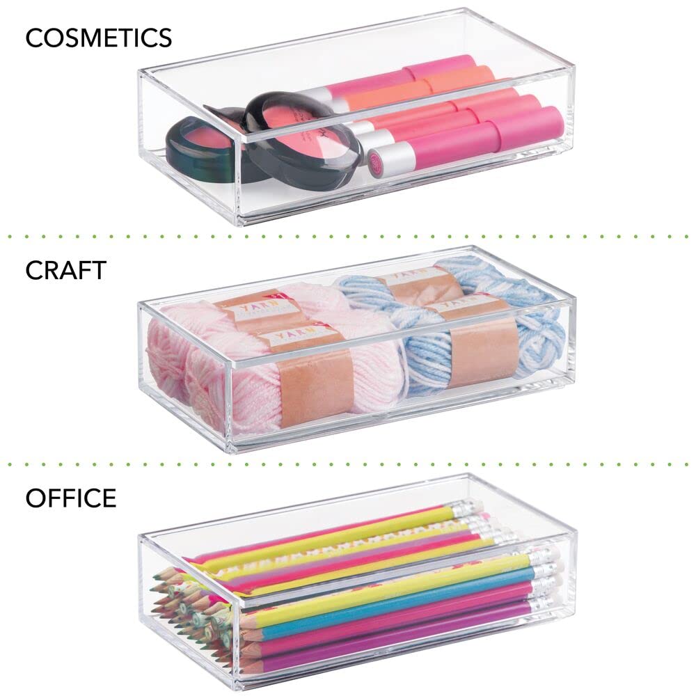mDesign Small Makeup Organizer Box with Lid for Vanity Countertops, Cabinet - Store Makeup Brushes, Eye Shadow Palettes, Lipstick, Lip Gloss, Blush, Jewelry - Plastic, 2 Pack - Clear