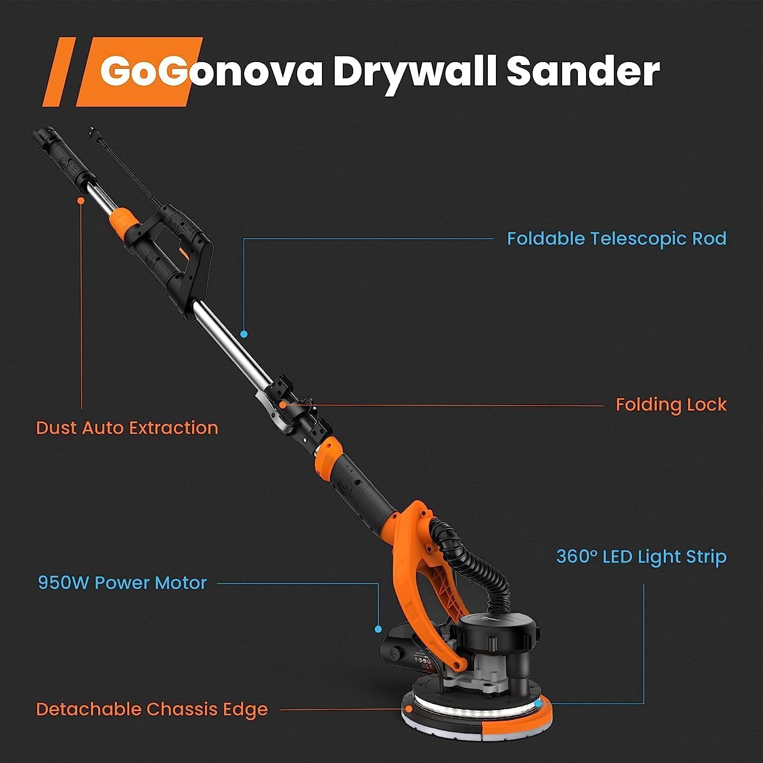 GoGonova Drywall Sander, 950W 7.9A Electric Drywall Sander with Vacuum, Auto Dust Extraction, 6 Variable Speed 500-1900RPM, Foldable Wall Sander with LED Light, 16pcs Sandpaper, Extendable Handle