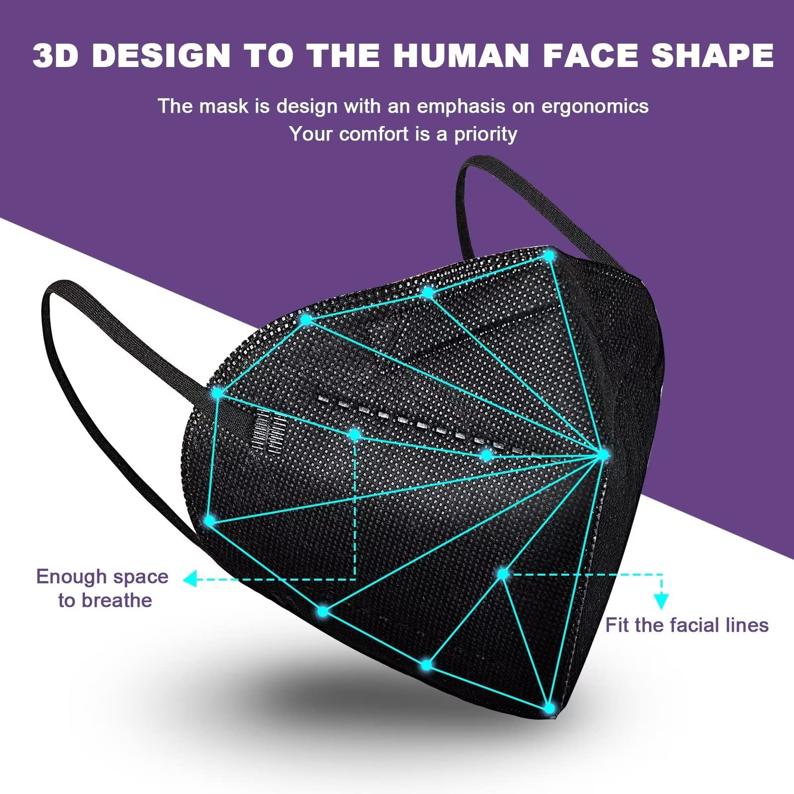 KN95 Face Mask 50 Pack, Individually Wrapped, Black Disposable Face Masks, 5-Ply Protection against PM2.5 Breathable Comfortable Safety Mask with Over 95% Filtering