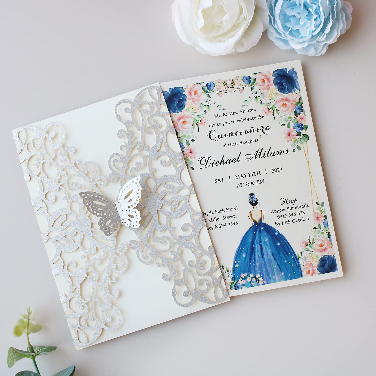KUCHYNEE 20PCS 5.1x7.3 inch Silver Laser Cut Lace Flora Wedding Invitation Cards with Butterfly and Envelopes for QuinceaƱera Bridal Shower Wedding Invite (Silver Glitter)