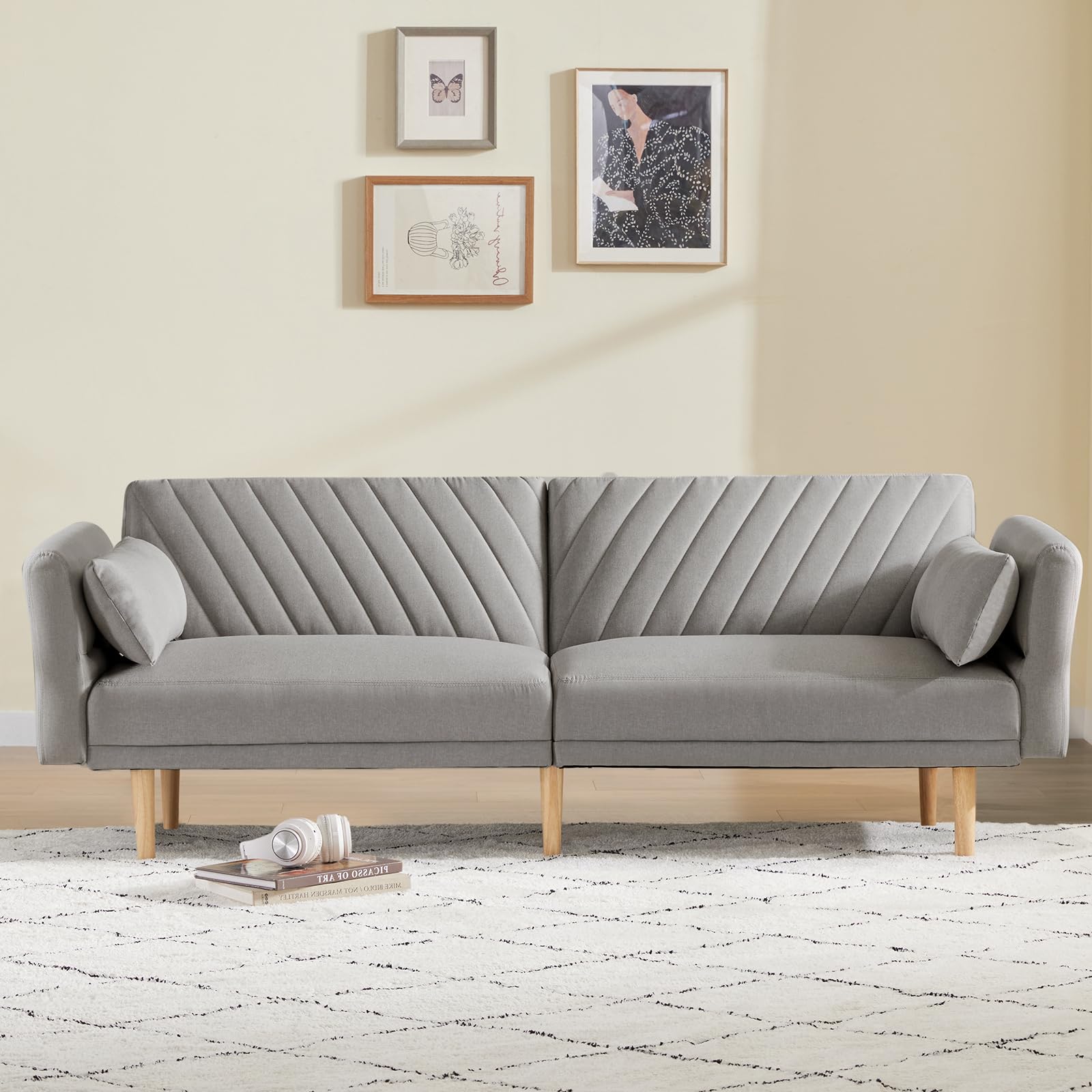 WILLOVE 78'' Fabric Futon Sofa Bed, Convertible Sleeper Couch Bed with Adjustable Armrests and Backrest, Sleeper Bed with 2 Pillows, Modern Futon Couches for Living Room, Light Gray