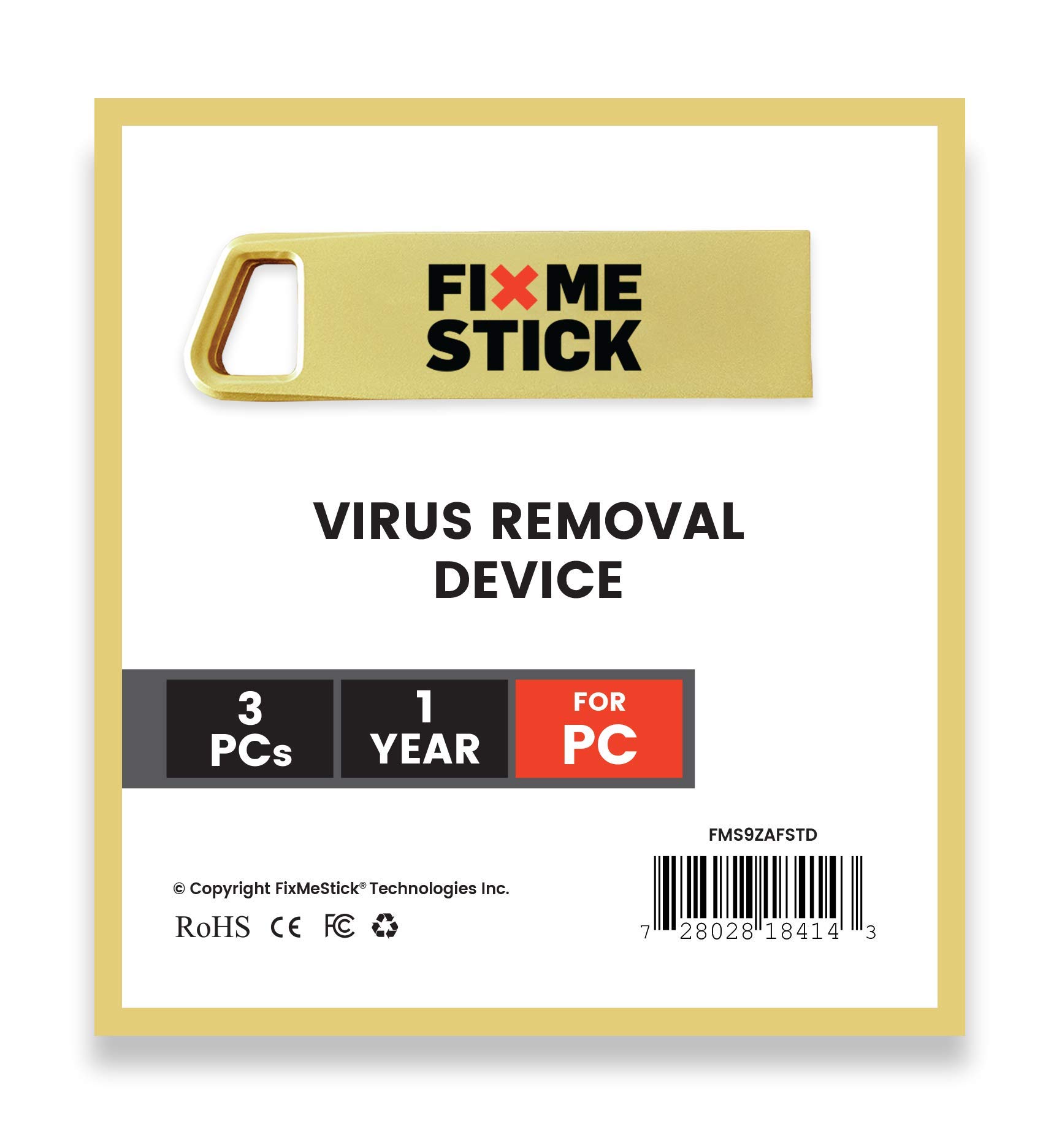 FixMeStick Gold Computer Virus Removal Stick for Windows PCs - Unlimited Use on Up to 3 Laptops or Desktops for 1 Year