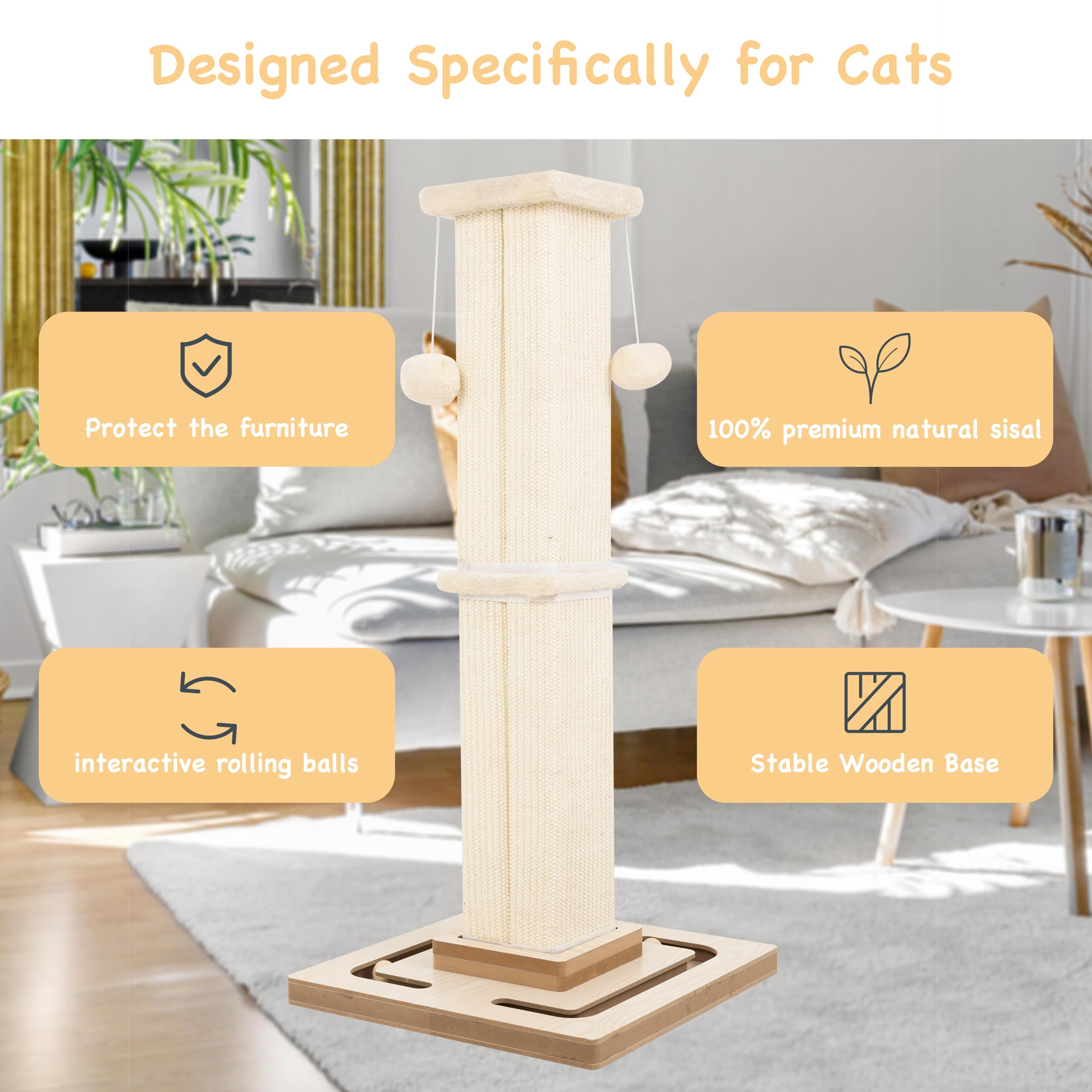 Erivc Cat Scratching Post 32 Inch Tall Cat Scratcher for Indoor Large Cats and Kitten, Nature Sisal Modern Cat Scratch Post Improve Cat's Scratching Habits, Beige