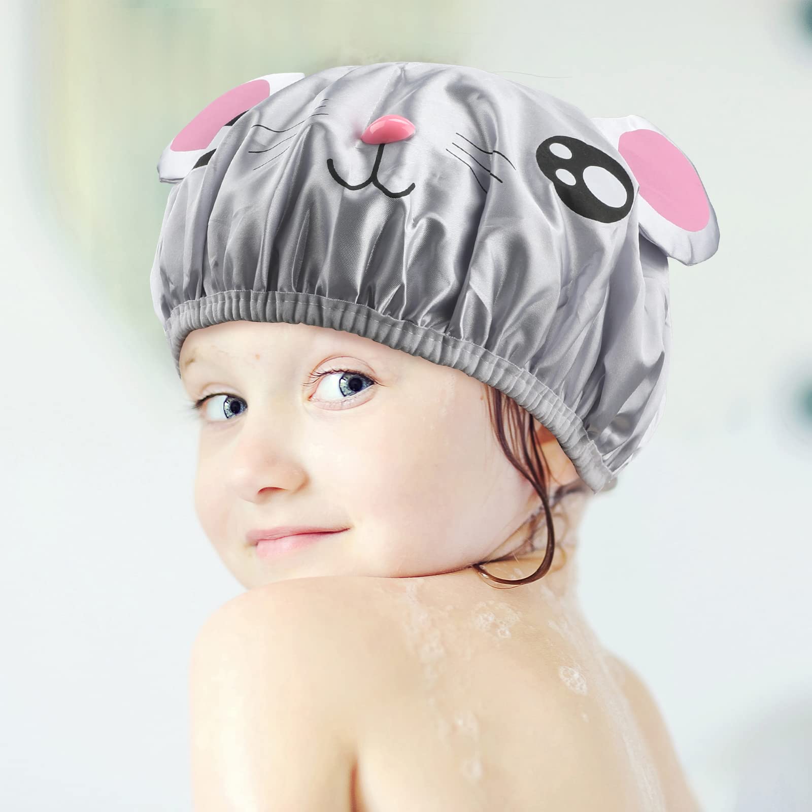 FirstKitchen Shower Cap for Kids, 2PCS Toddler Shower Cap, Cute Shower Cap with Double Layer, Kids Shower Caps for Girls Boys Child with Cartoon Animal(Pink Mouse + Gray Mouse)