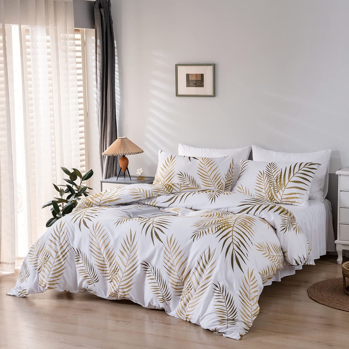 Megsv Leaves Duvet Cover Set Golden Tropical Leaf Comforter Cover with Pillow Sham Soft Bedding Set No Comforter (King)