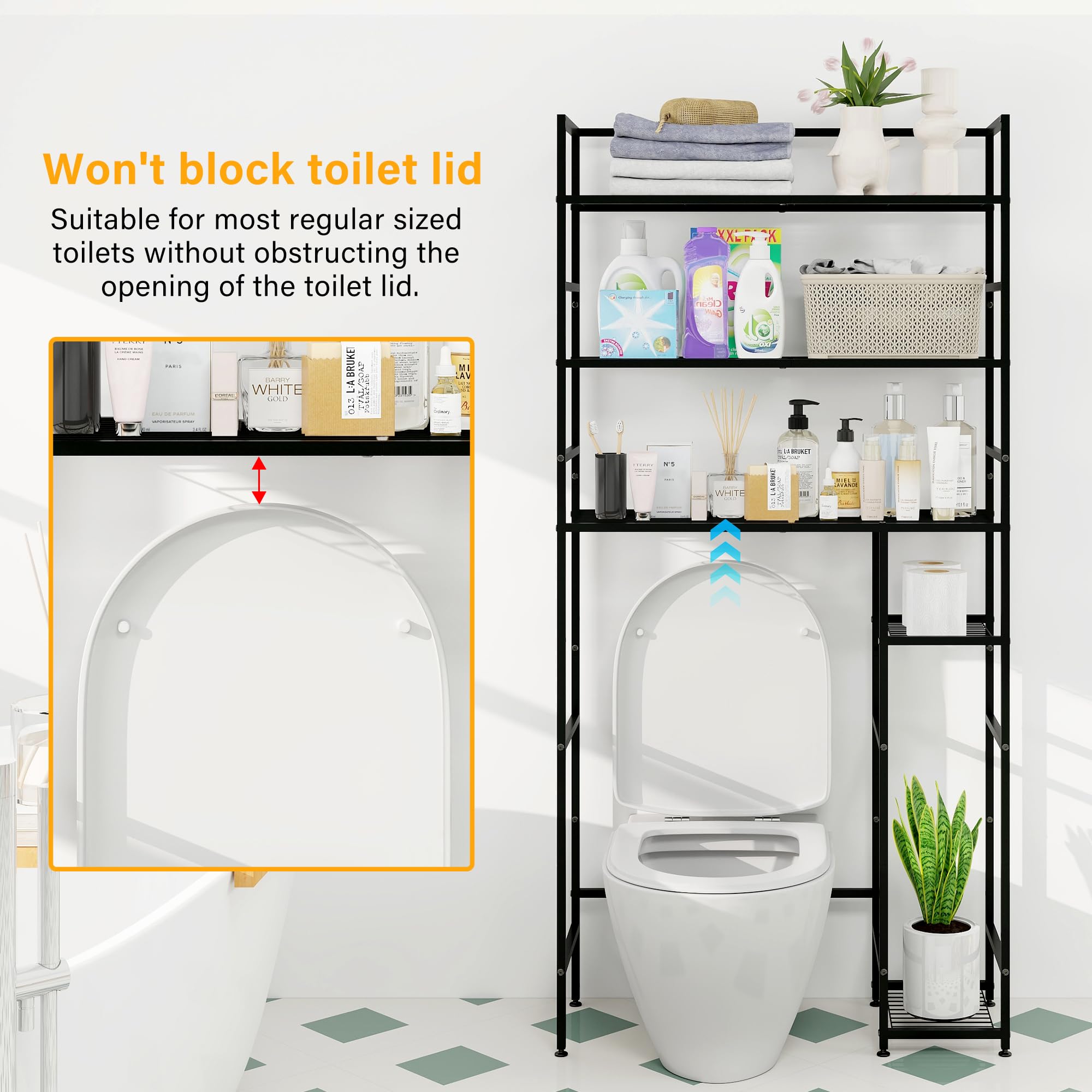 MallBoo Over The Toilet Storage, 5 Tier Bathroom Organizer Shelf, 31.5''W Toilet Rack with Adjustable Feet, Bathroom Rack for Restroom, Laundry, Balcony(Black)