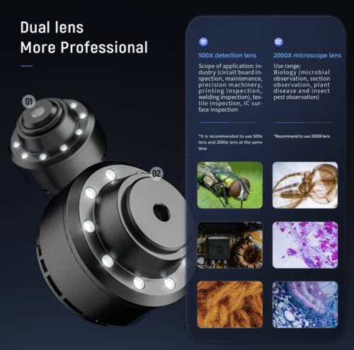 Digital Microscope, 0X-2000X Biological Microscope, WiFi & USB Connection with Dual Lens, 11 LEDs, iOS & Android Windows MacOS Compatible, for School Laboratory Home Education