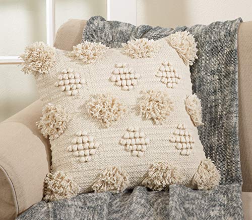 SARO LIFESTYLE Handira Collection Down Filled Cotton Pillow Pom Moroccan Design, 18", Ivory
