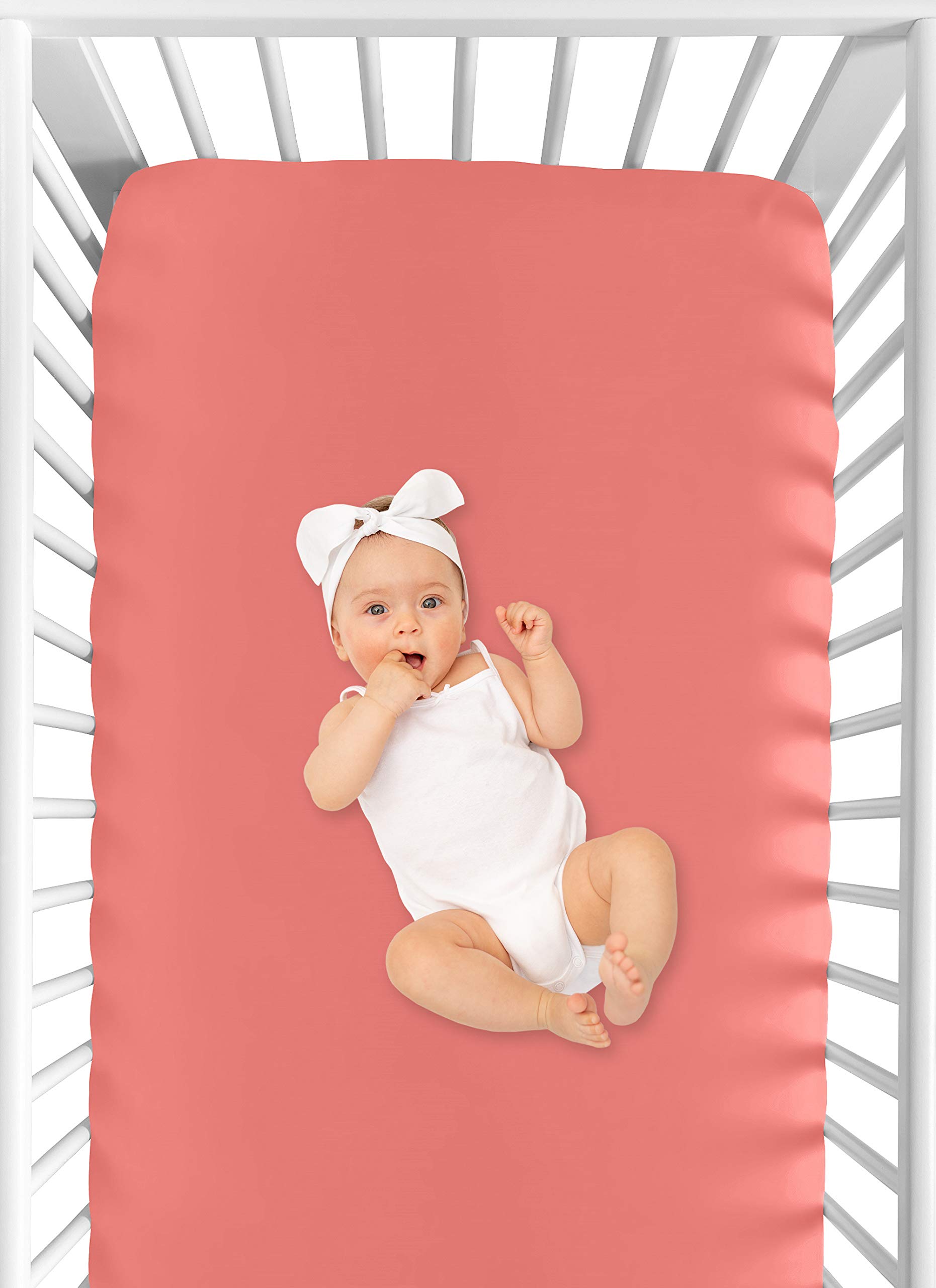 Fitted Crib Sheet for White and Coral Diamond Baby/Toddler Bedding - Solid Coral