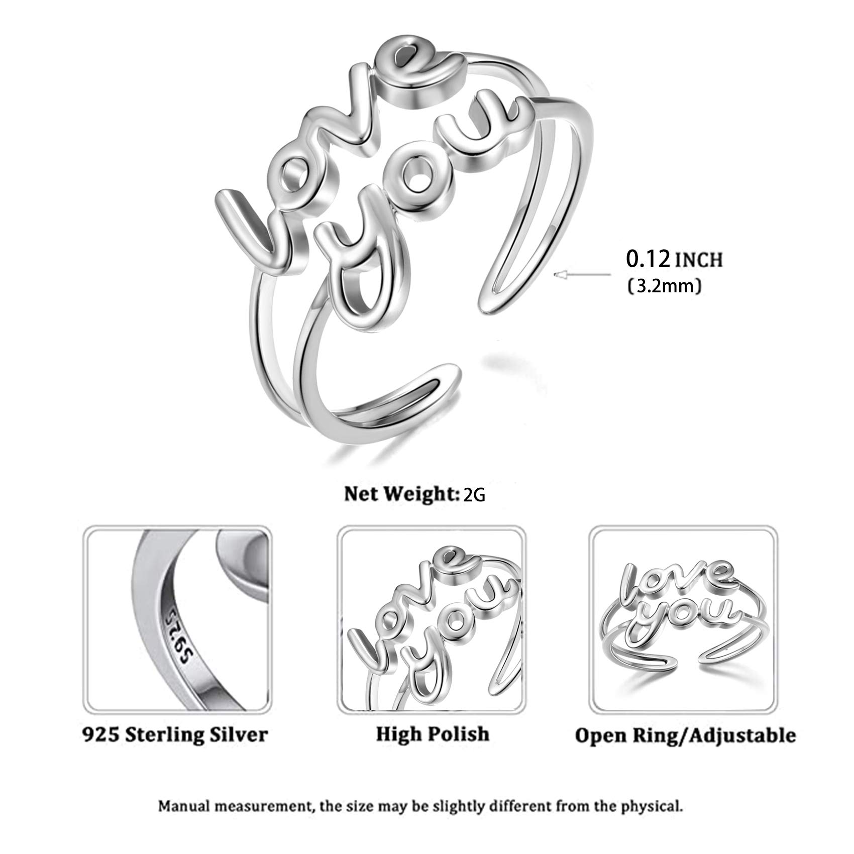925 Sterling Silver Ring Simple Love Script Ring Silver Adjustable Open Rings for Women Men