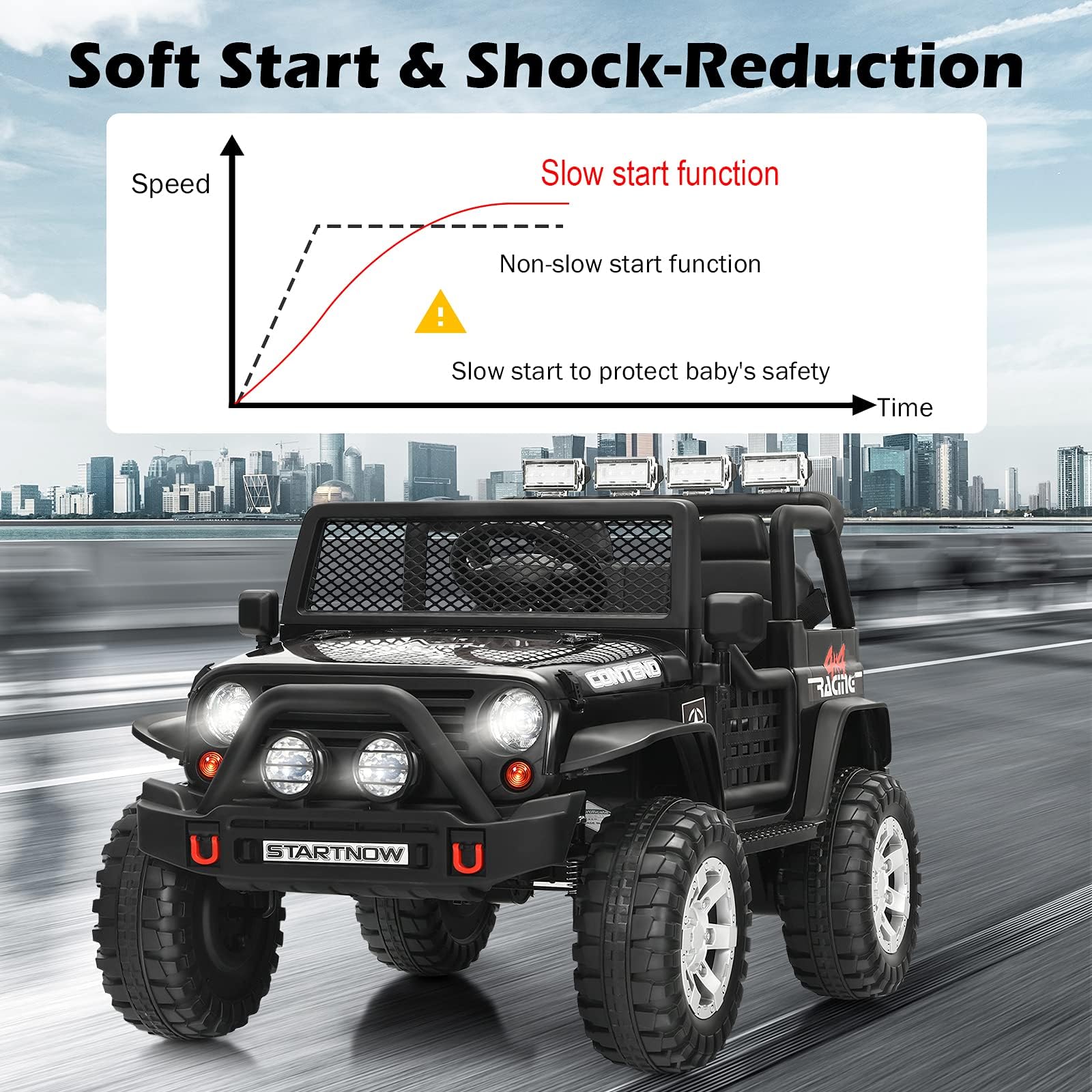 Costzon 2-Seater Ride on Truck, 12V Battery Powered Electric Vehicle w/Remote Control, 2 Speeds, Spring Suspension, LED Light, Horn, Music/ MP3, 2 Doors Open, Ride on Car for Kids (Black)