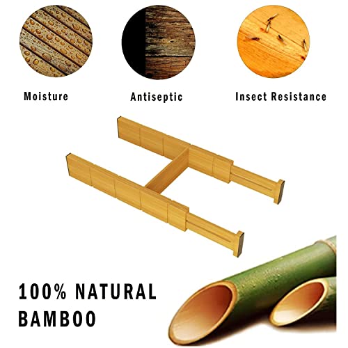 SAUStrongBe Adjustable Bamboo drawer dividers with 4 dividers,6 inserts, Spring Loaded adjustable drawer organizer, Expandable Organization for Home, Office, Dressers and Bathroom (17- 22 in)