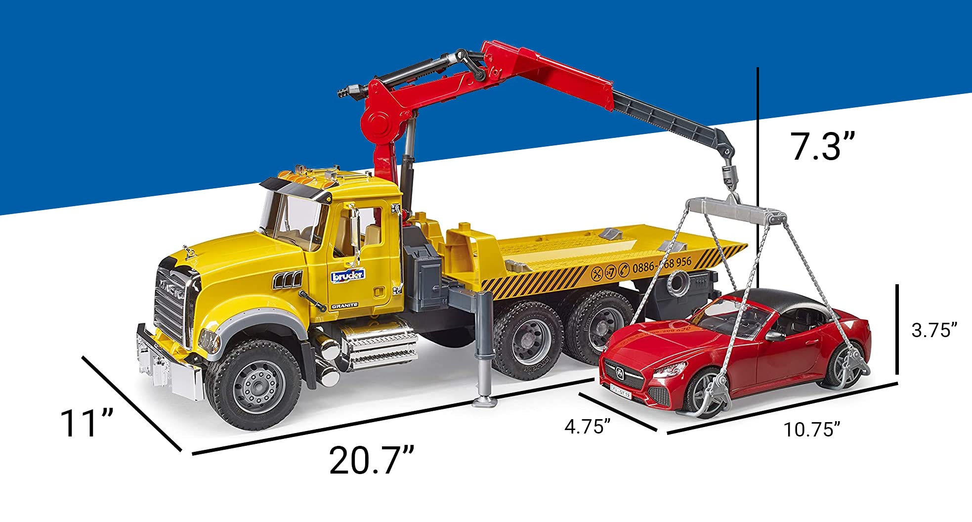 Bruder - Mack Granite Tow Truck with Bruder Roadster (02829) - For Ages (4) and Up - Compatible with bworld Figures