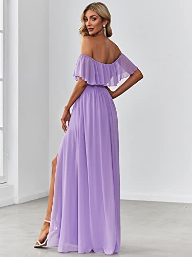 Ever-Pretty Womens Off-Shoulder Long A-line Side Slit Formal Prom Dresses with Sleeves Lavender US12
